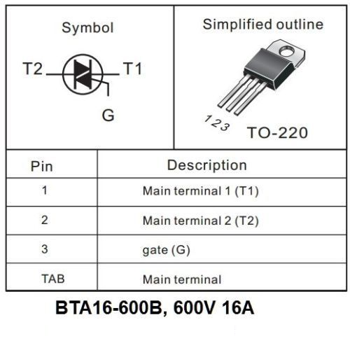TRIAC BTA16-600B 16A, 600V, Gate Trigger 1.3V 50mA, 3-pin, Through Hole